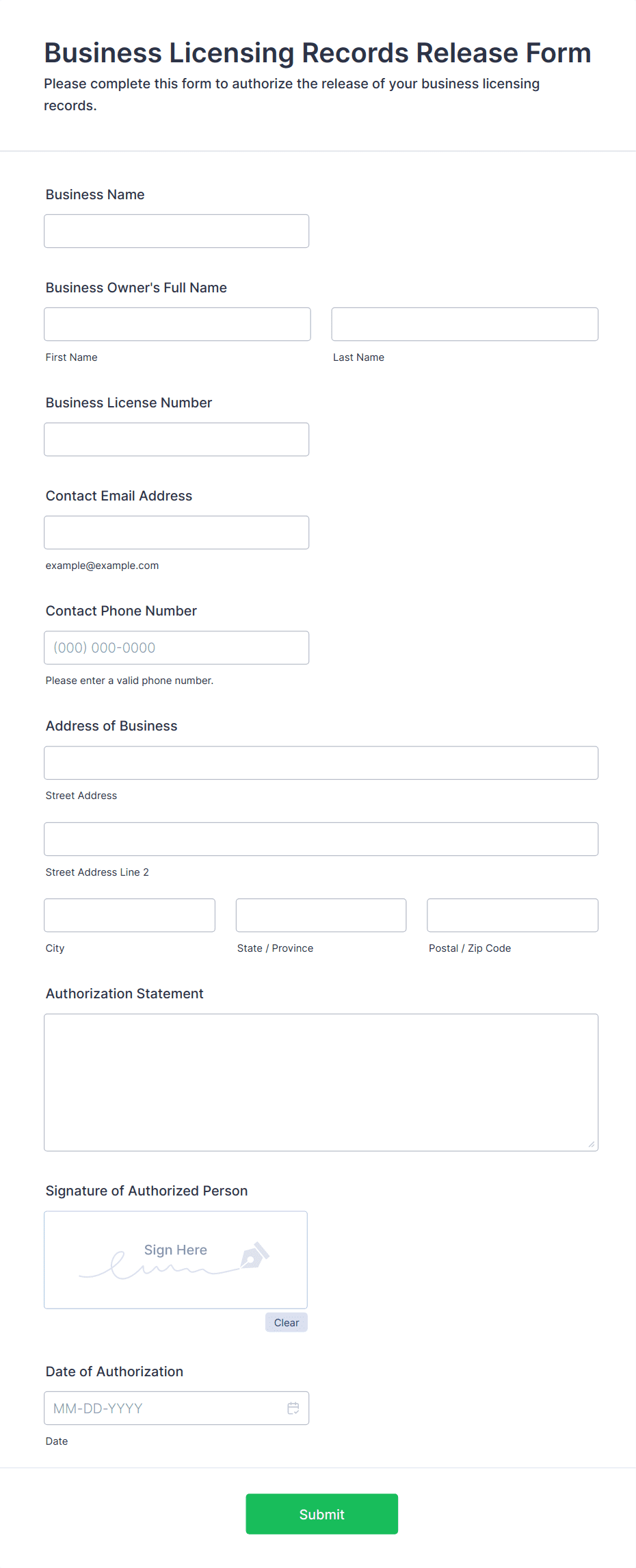 Business Licensing Records Release Form Template | Jotform