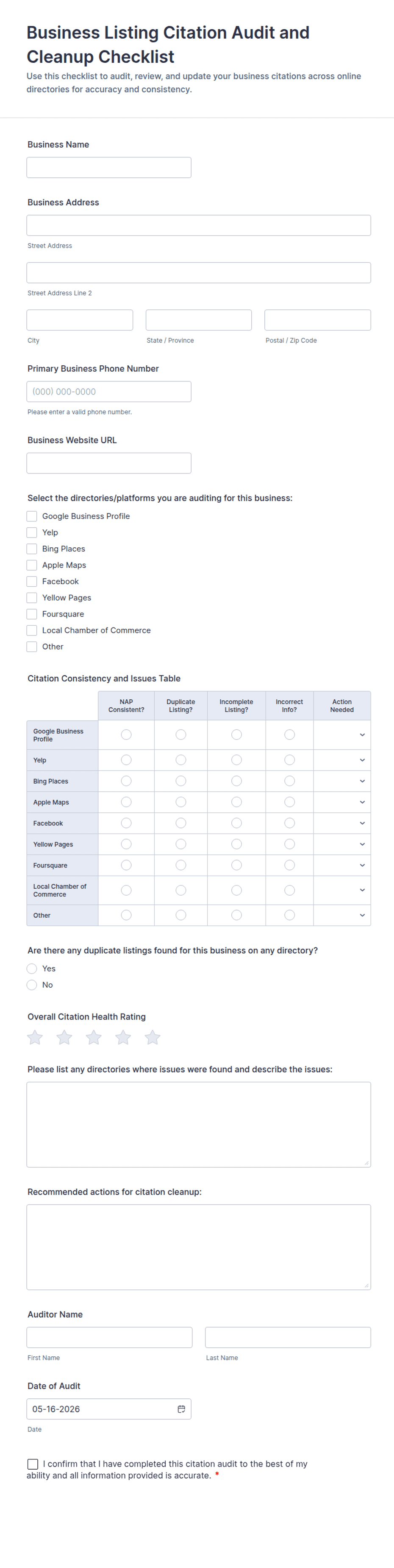 Business Listing Citation Audit and Cleanup Checklist Form Template ...