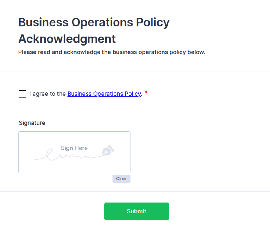 Business Operations Policy Acknowledgment Form Template | Jotform