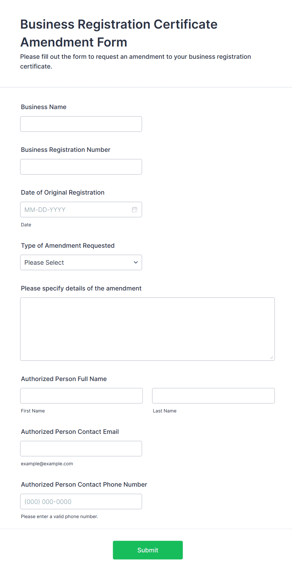 Business Registration Certificate Amendment Form Template | Jotform