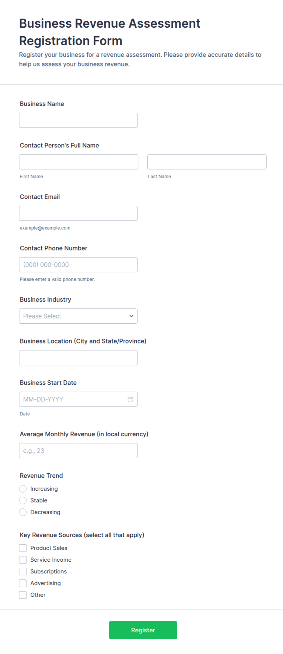 Business Revenue Assessment Registration Form Template | Jotform