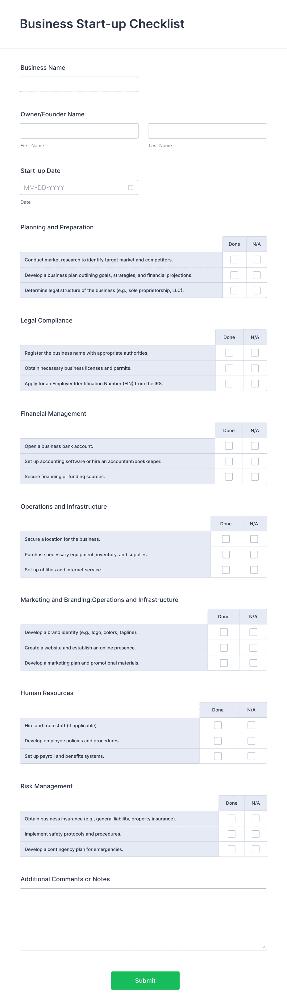 Business Start-up Checklist Form Template | Jotform