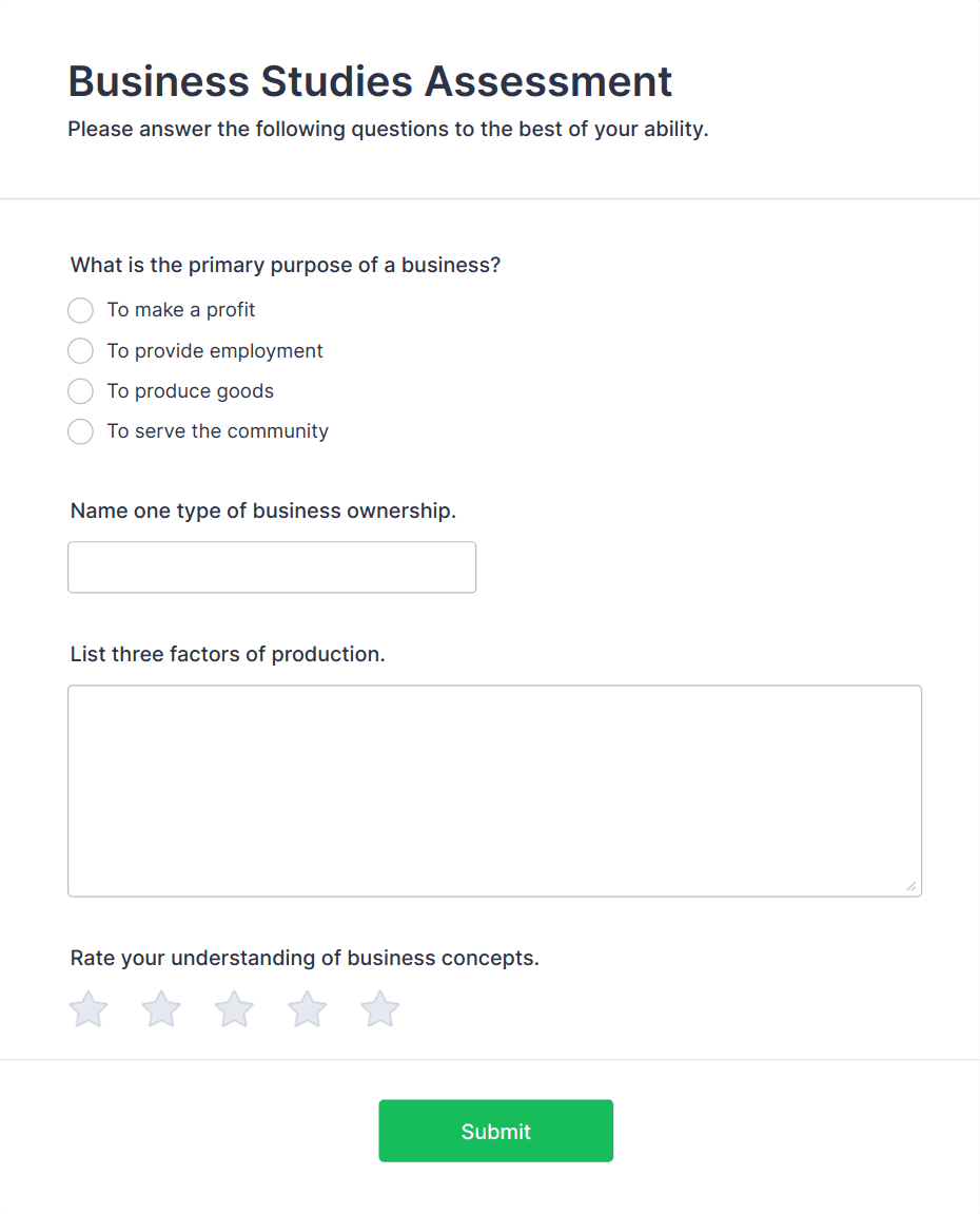 Business Studies Assessment Form Template | Jotform
