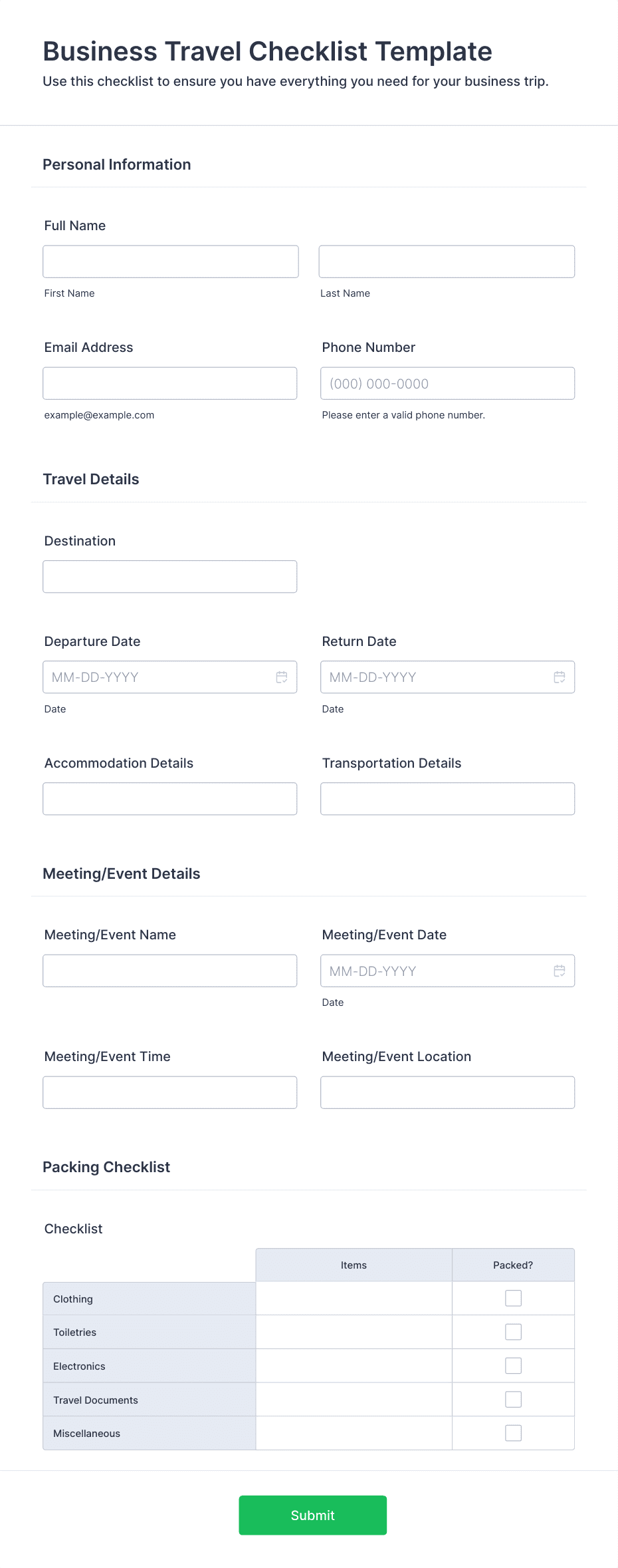 Business Travel Checklist Template Form Template | Jotform