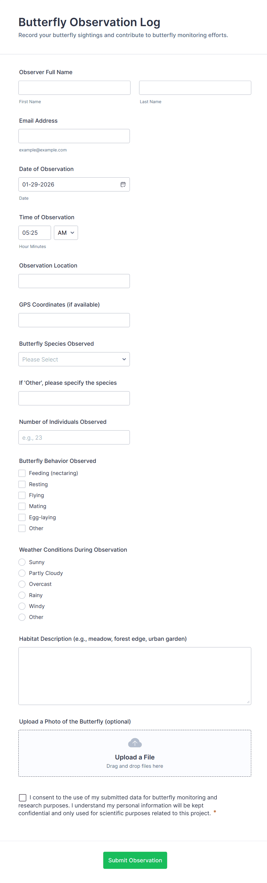 Butterfly Observation Log Form Template | Jotform