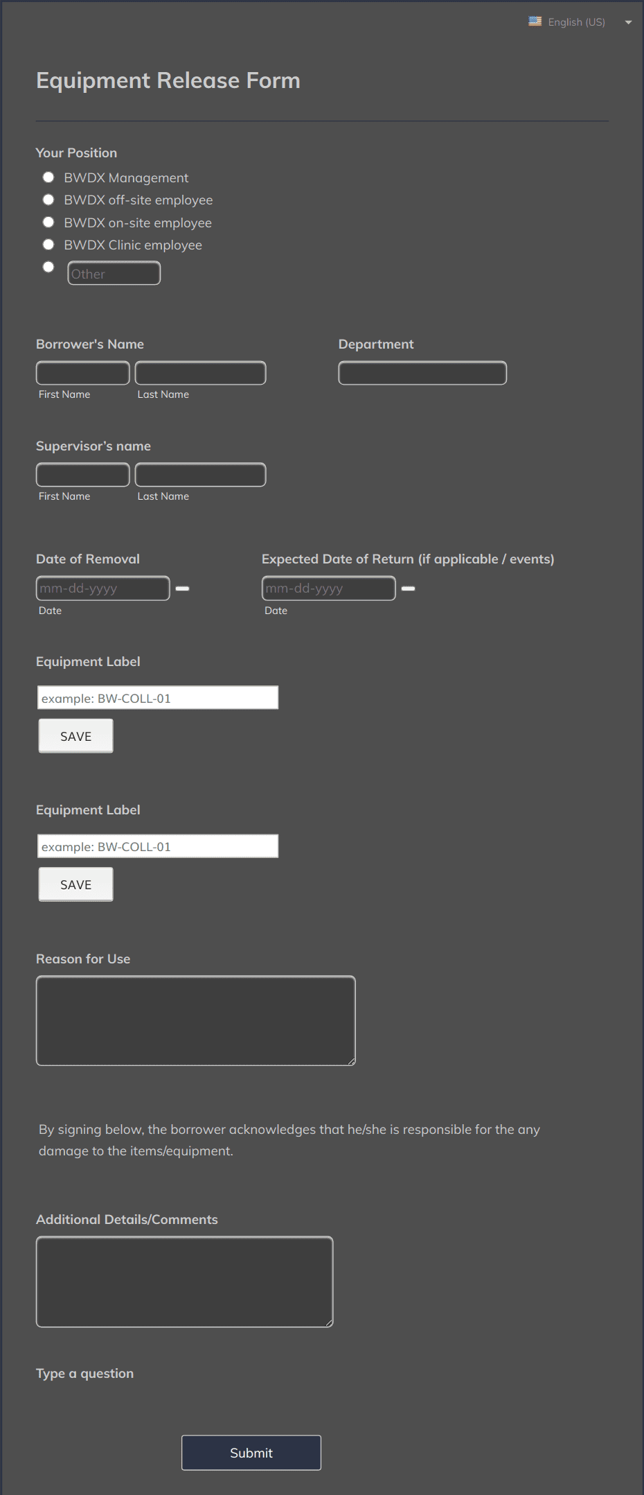 BWDX Equipment release Form Template | Jotform