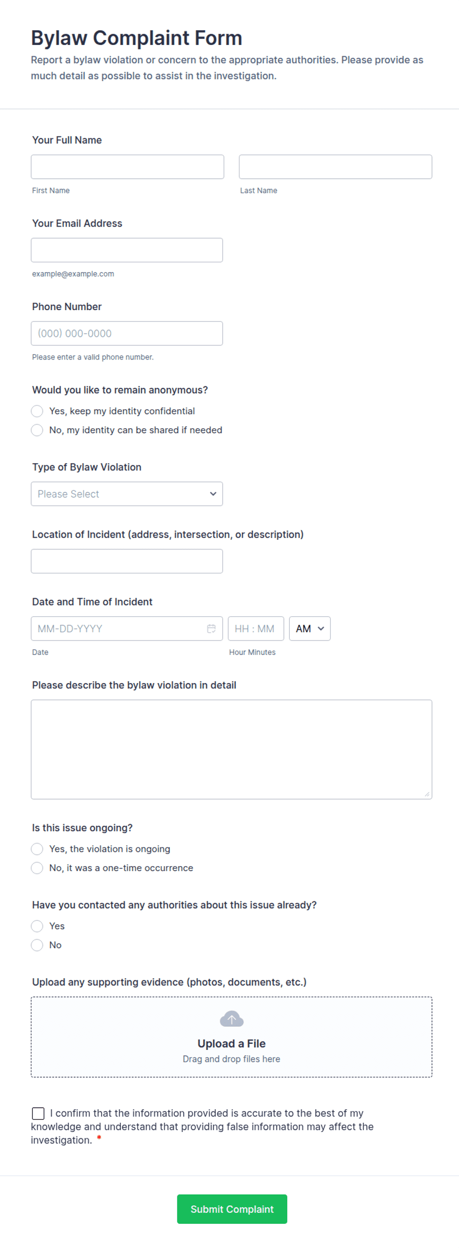 Bylaw Complaint Form Template | Jotform
