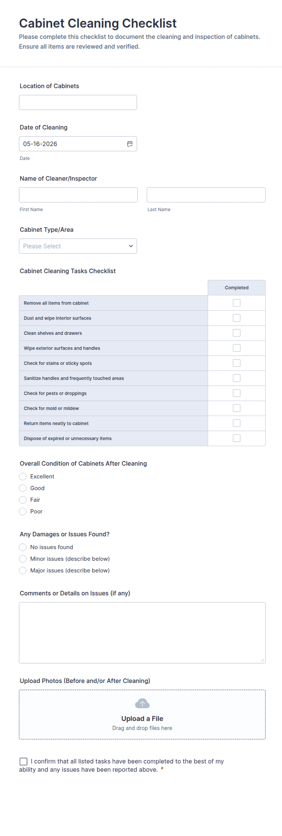 Cabinet Cleaning Checklist Form Template | Jotform