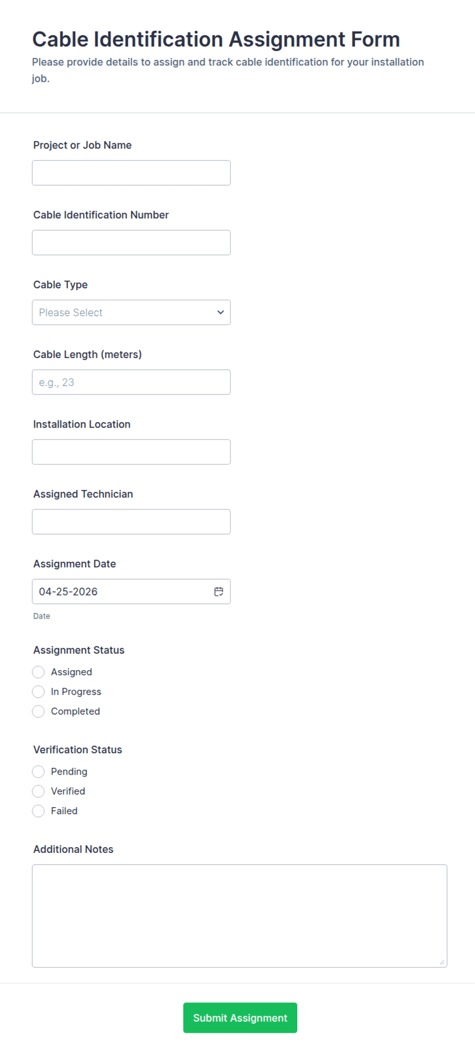 Cable Identification Assignment Form Template | Jotform