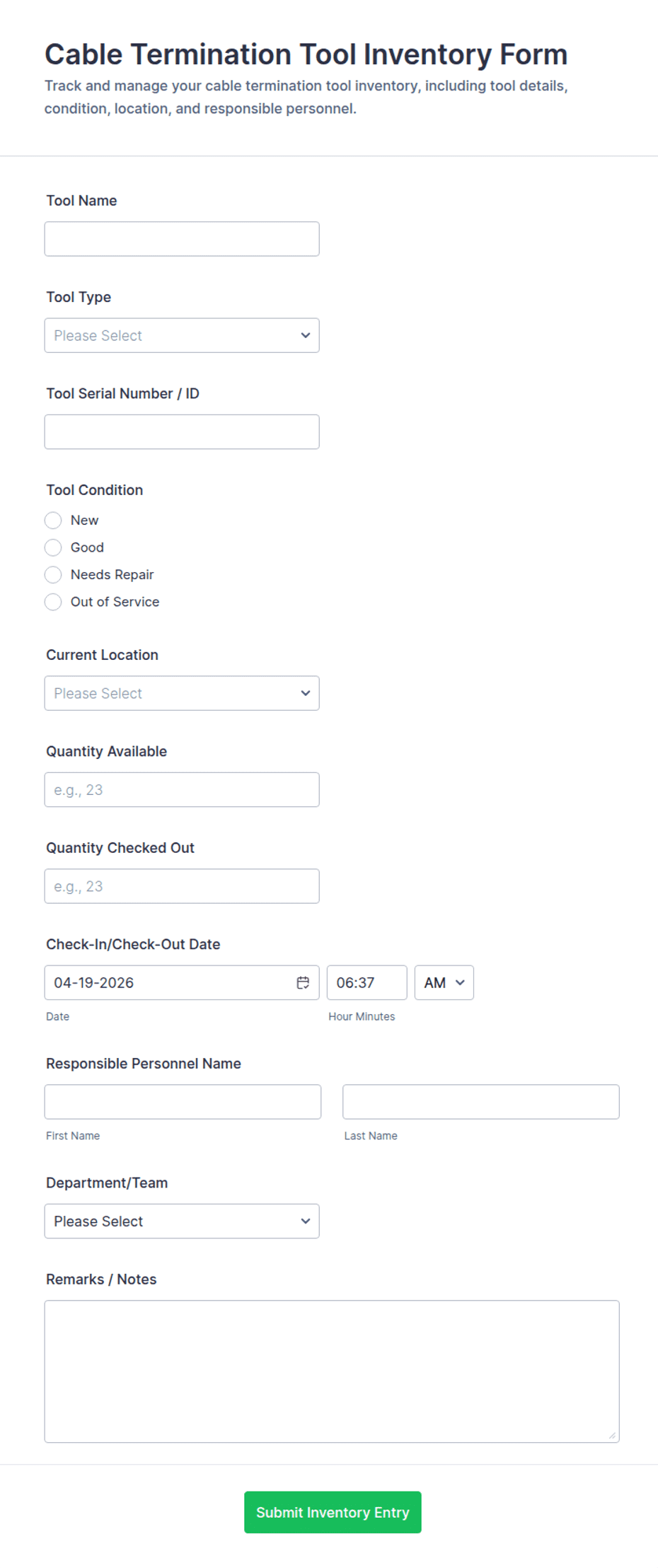 Cable Termination Tool Inventory Form Template | Jotform