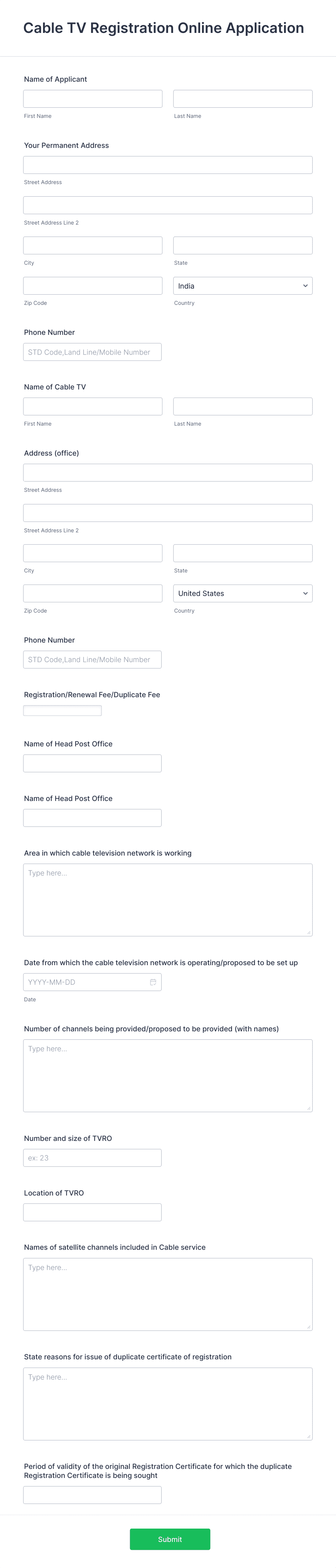 Cable TV Registration Online Application Form Template | Jotform