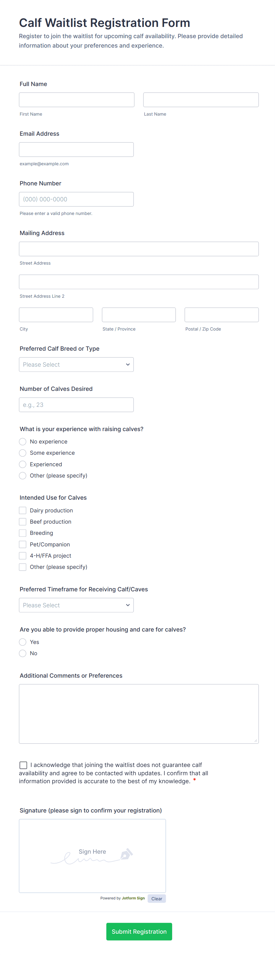 Calf Waitlist Registration Form Template | Jotform