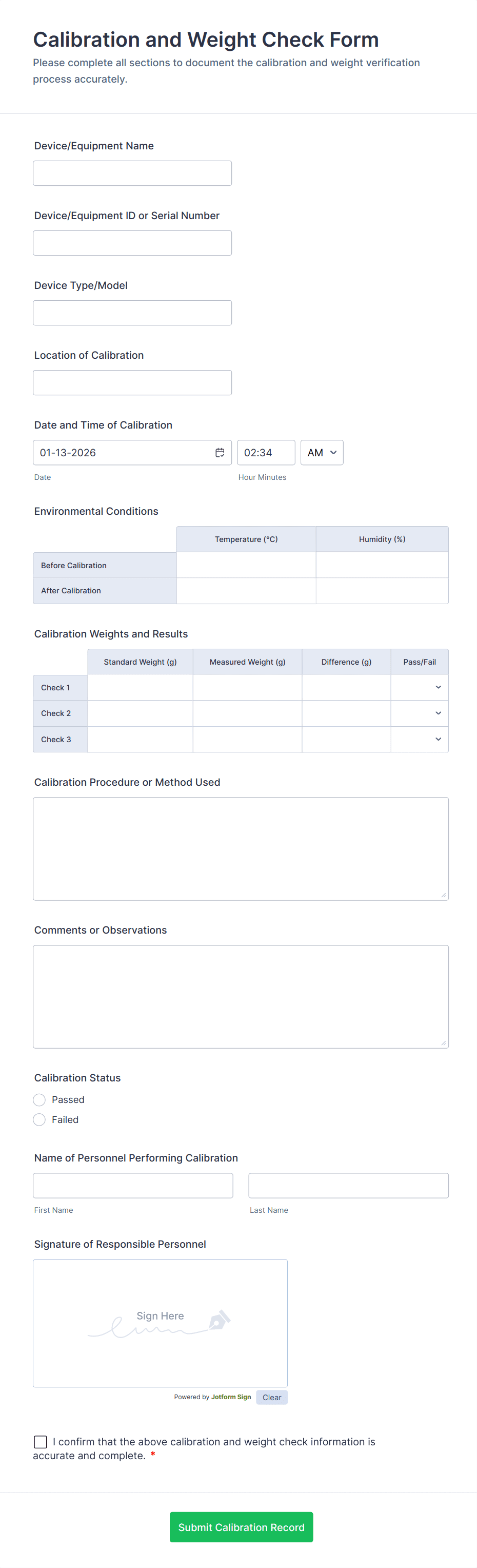 Calibration and Weight Check Form Template | Jotform