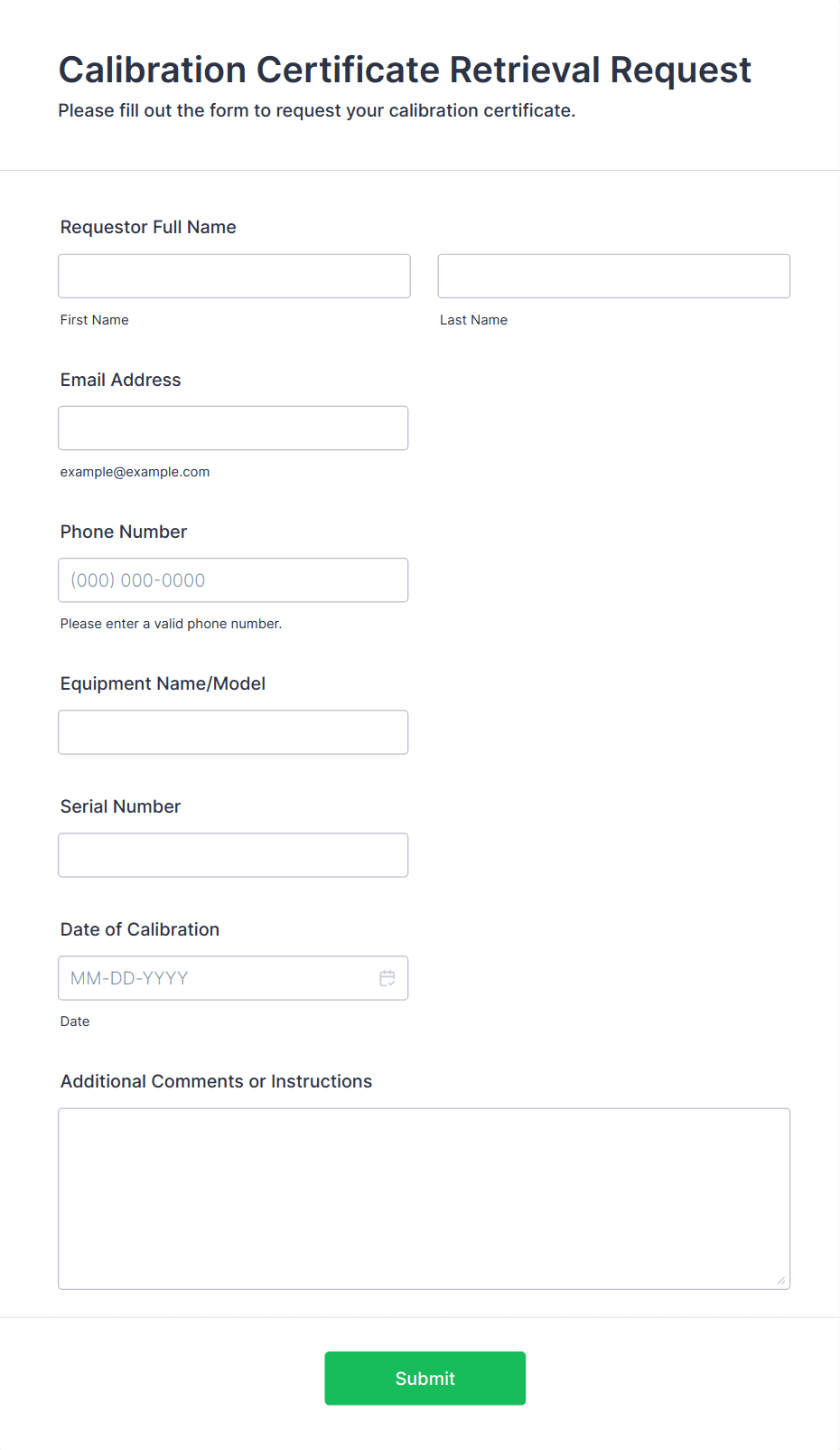 Calibration Certificate Retrieval Request Form Template | Jotform