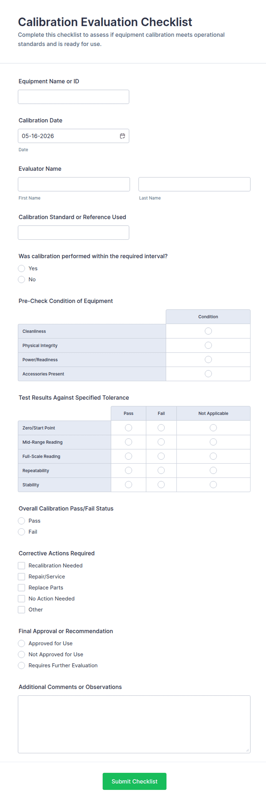 Calibration Evaluation Checklist Form Template | Jotform