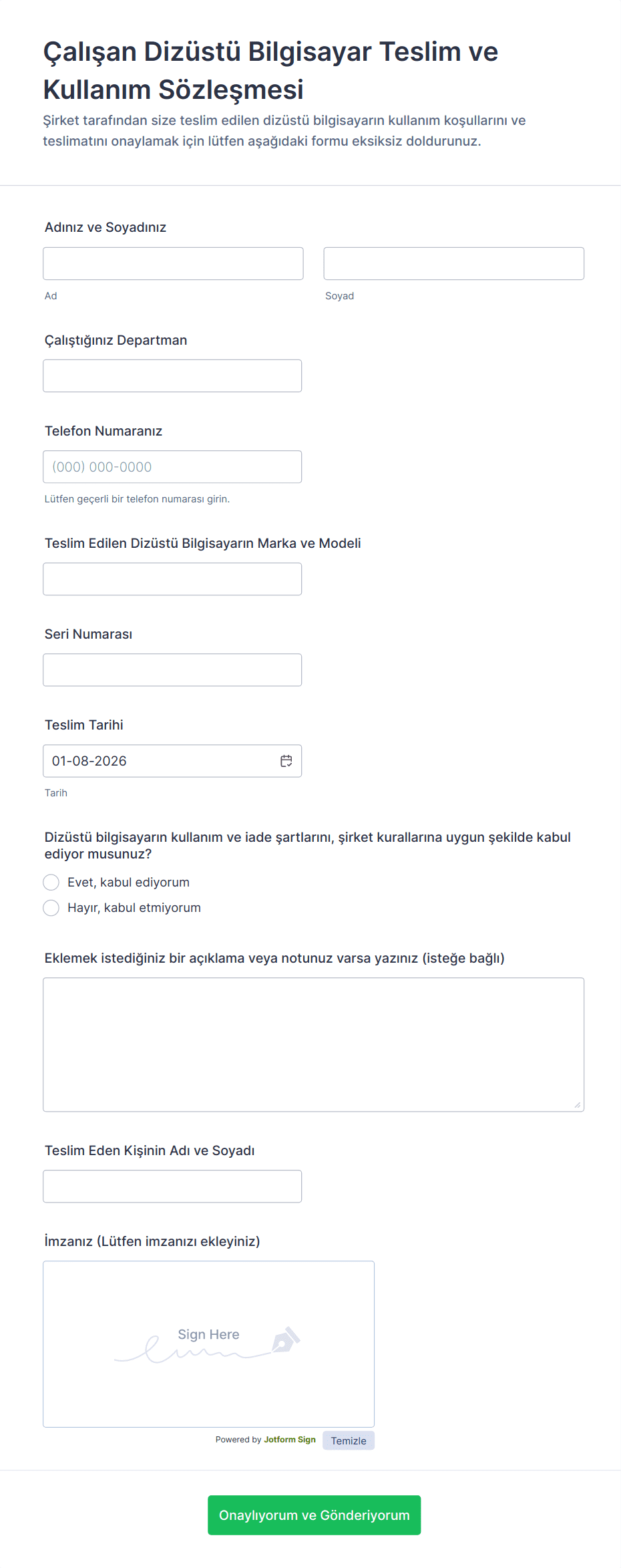 Çalışan Dizüstü Bilgisayar Teslim ve Kullanım Sözleşmesi Form Şablonu ...