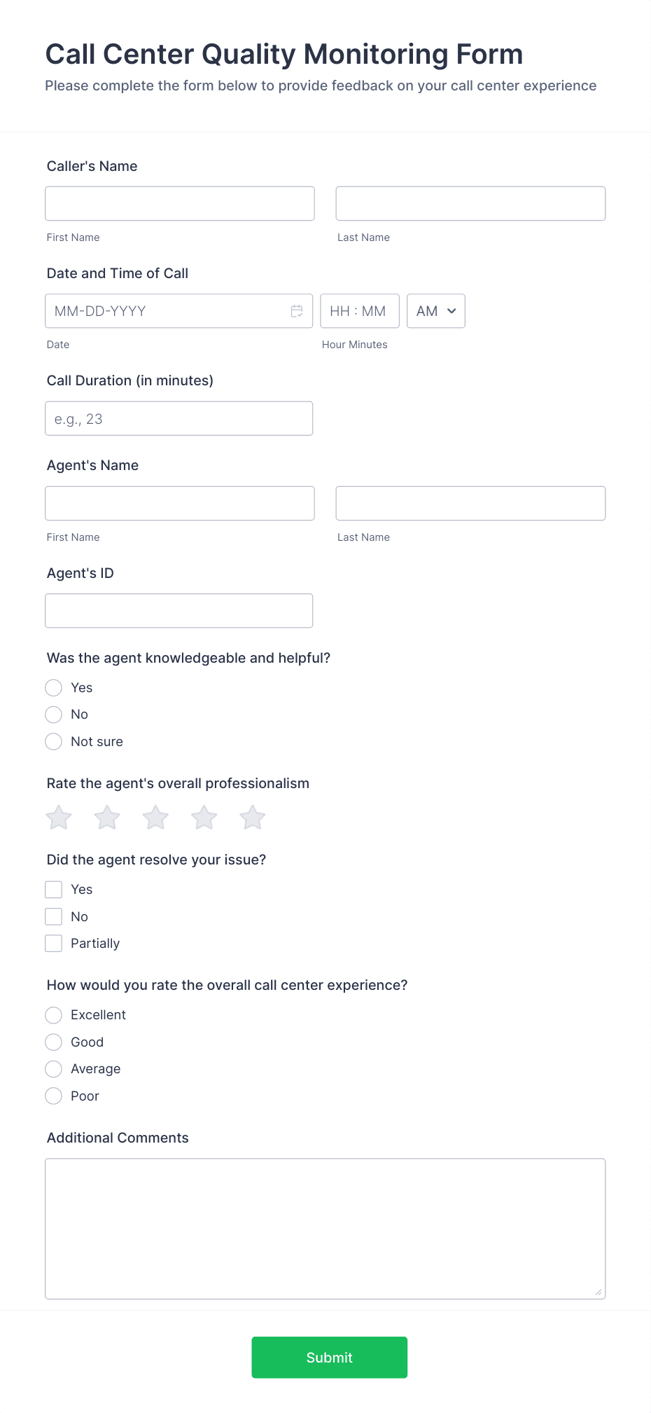 Call Center Quality Monitoring Form Template | Jotform