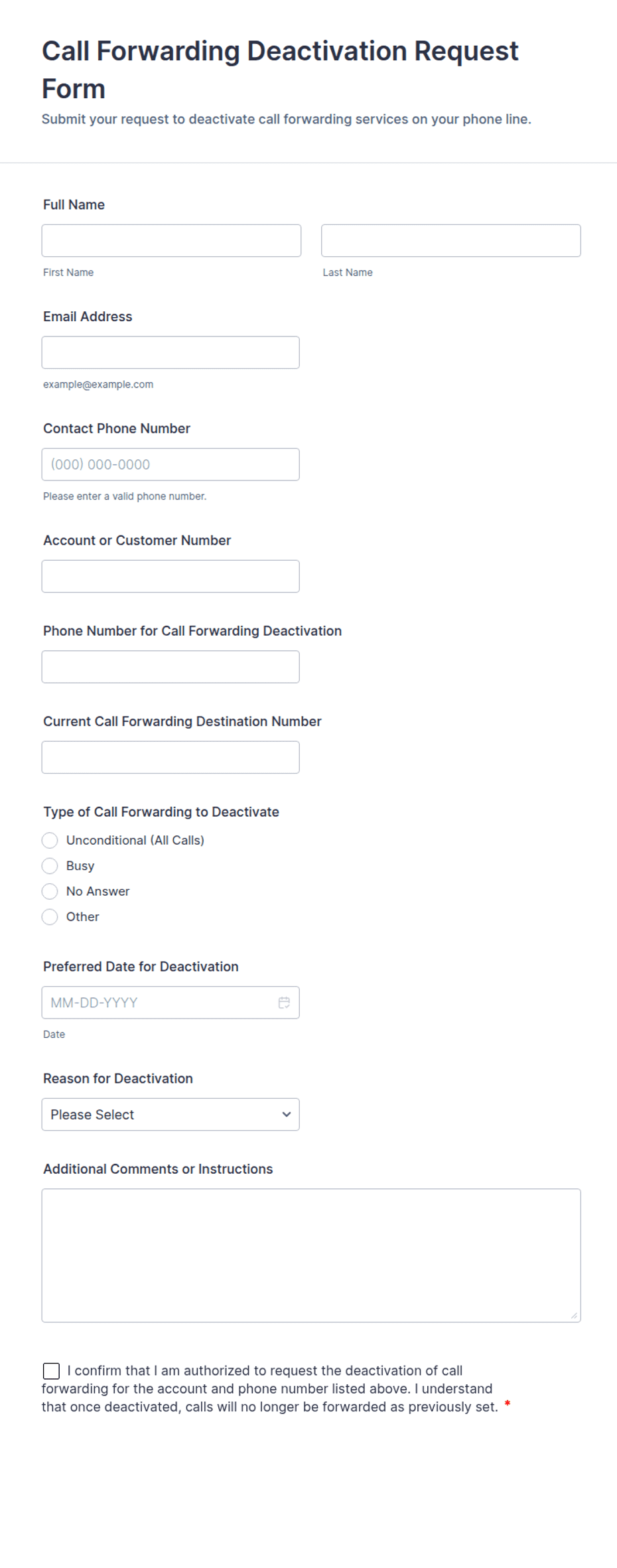 Call Forwarding Deactivation Request Form Template | Jotform