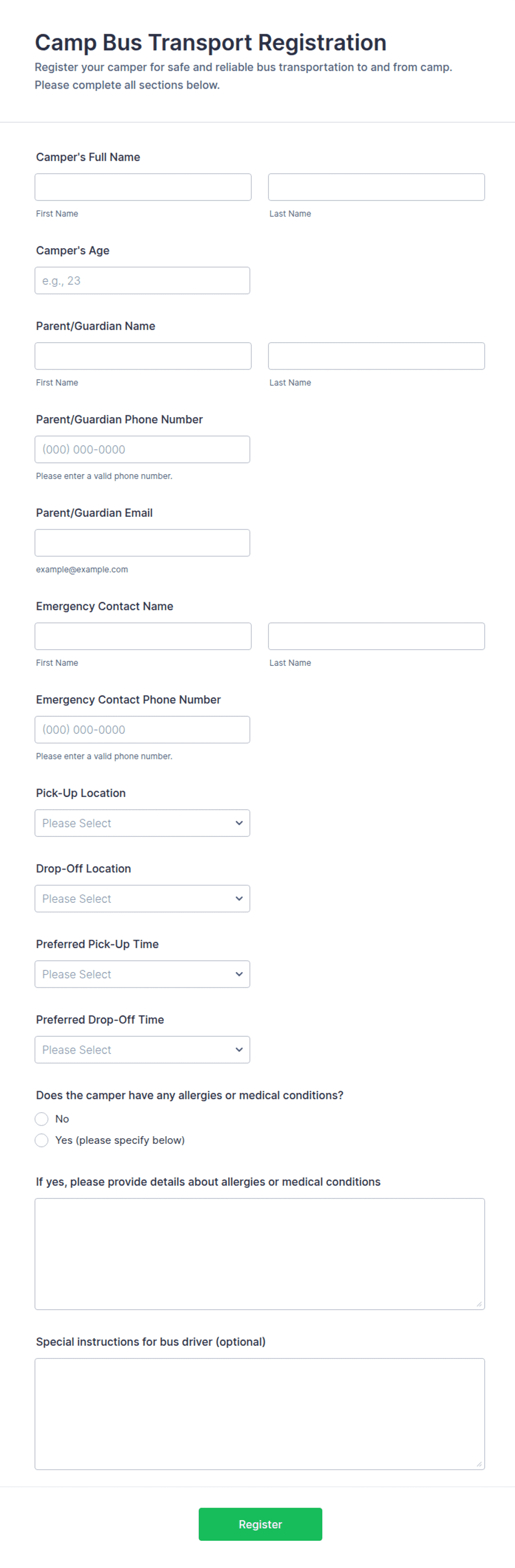 Camp Bus Transport Registration Form Template | Jotform