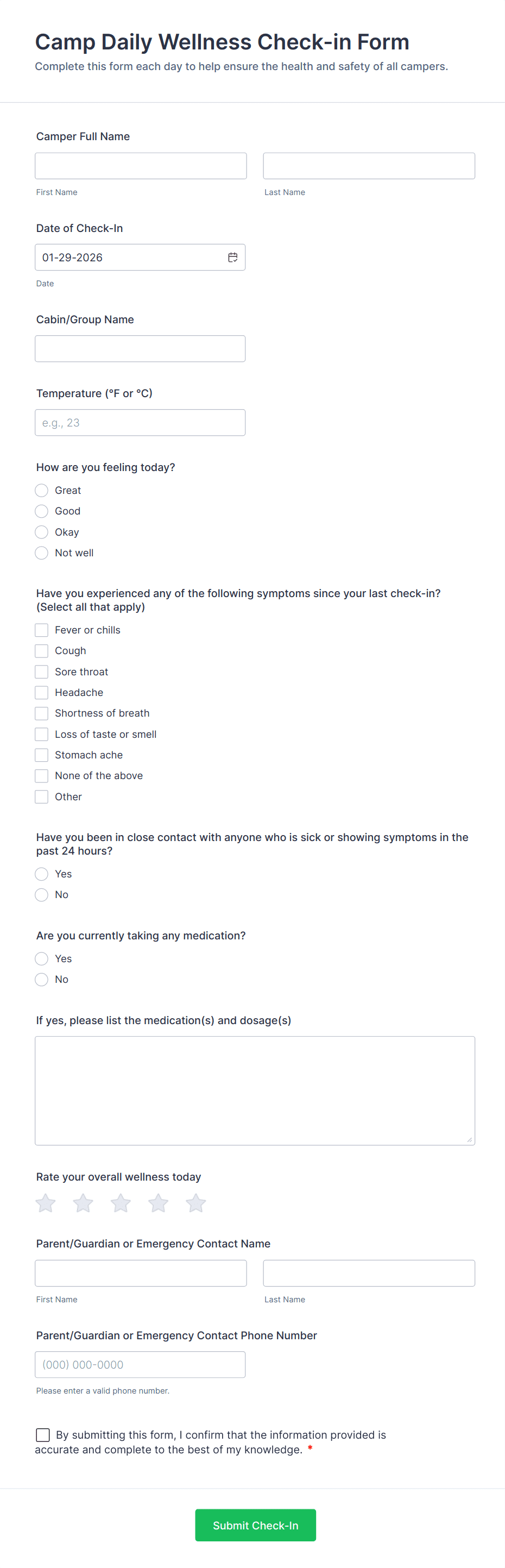 Camp Daily Wellness Check-in Form Template | Jotform