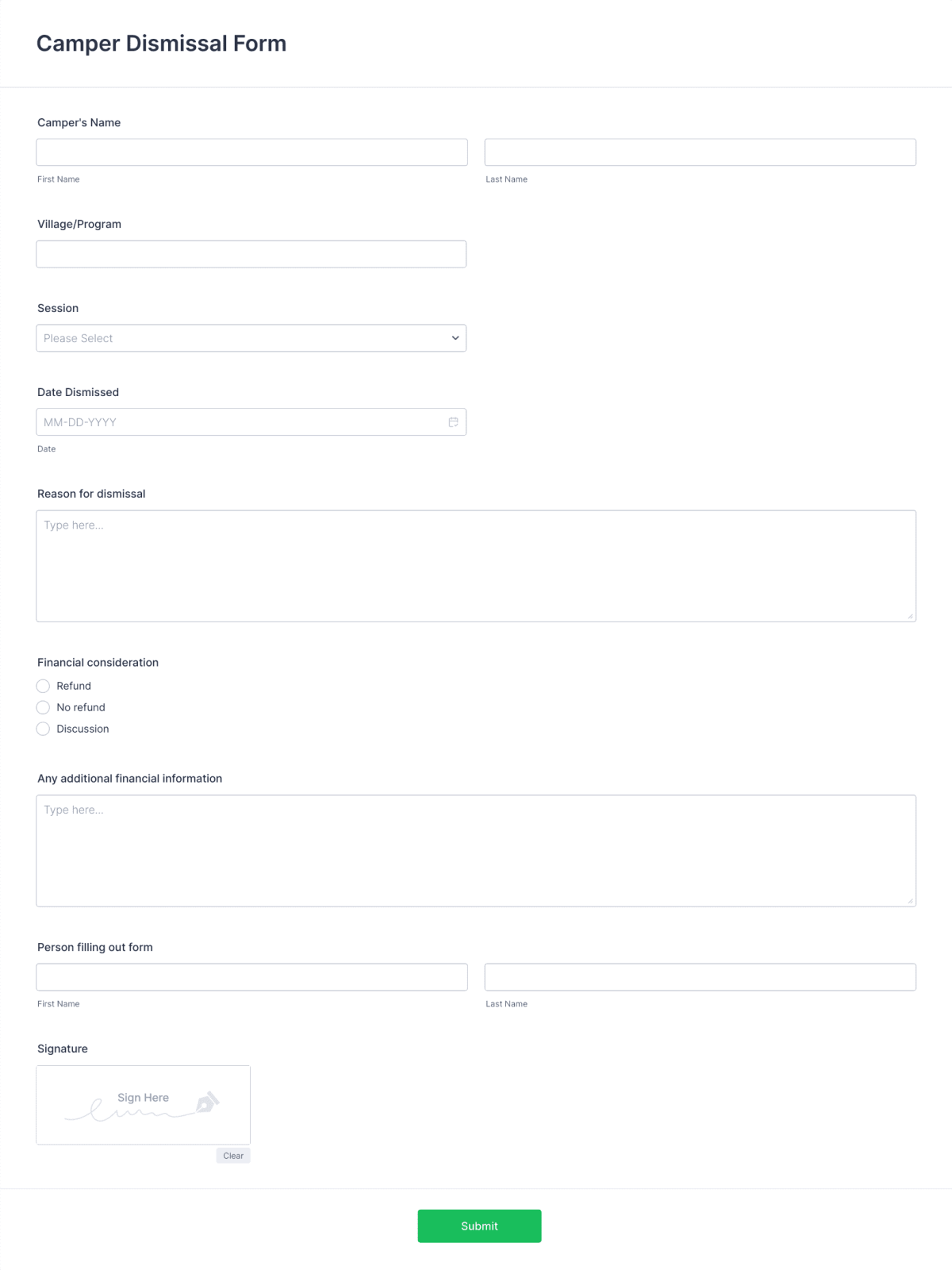 Camper Dismissal Form Template | Jotform