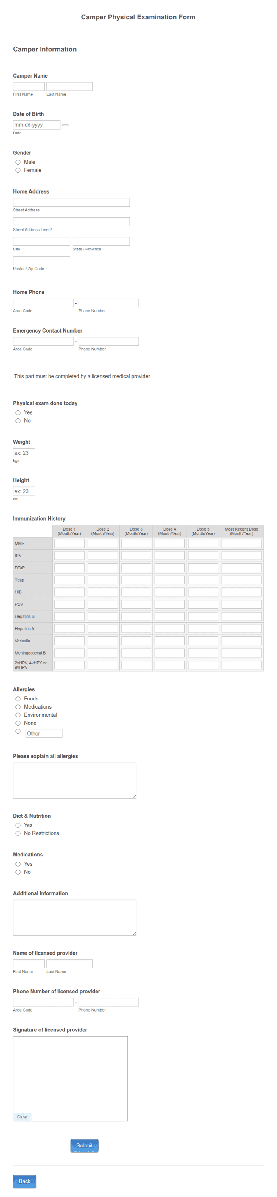 Camper Physical Examination Form Template | Jotform