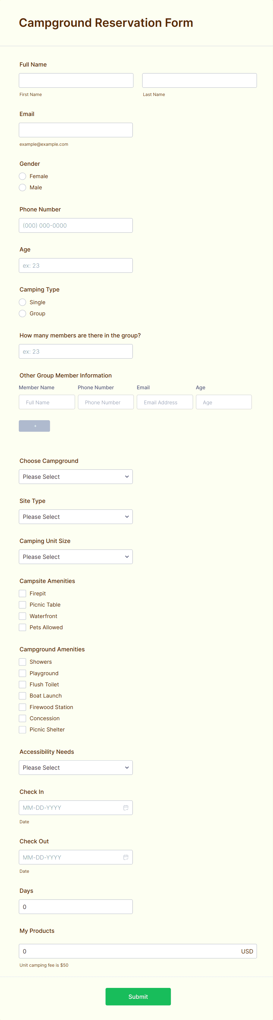 Campground Reservation Form Template | Jotform