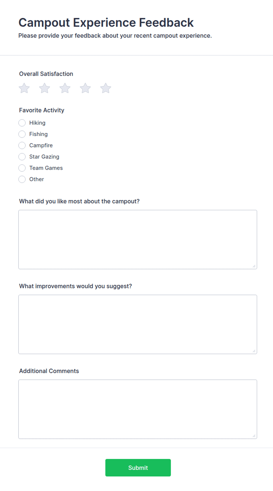 Campout Experience Feedback Form Template | Jotform