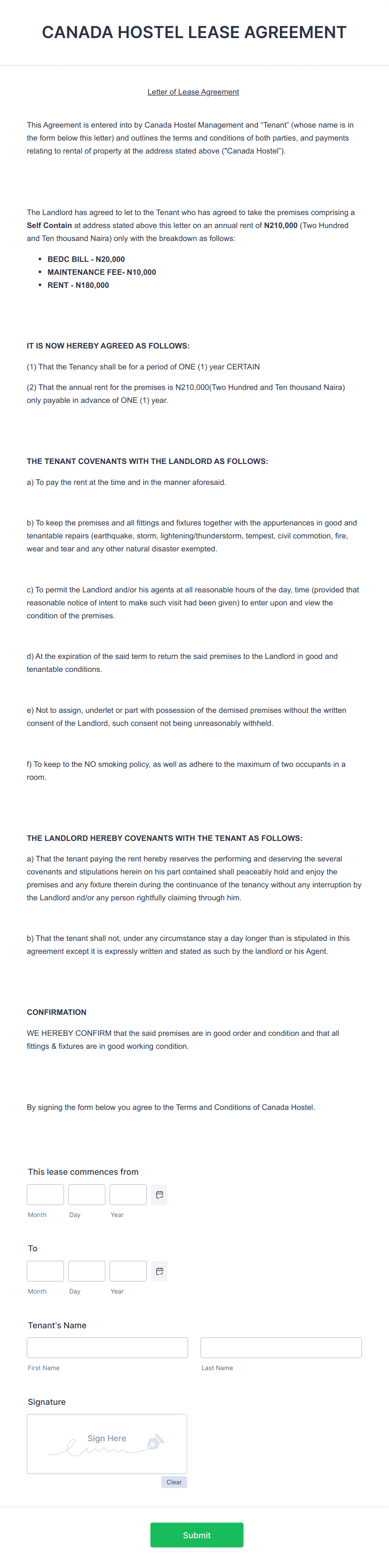 Canada Hostel Lease Agreement Form Template | Jotform