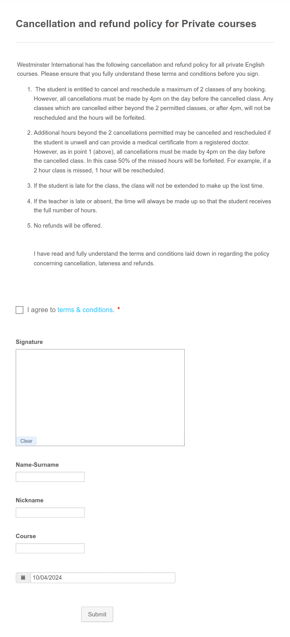 Cancellation and refund policy for Private courses Form Template | Jotform
