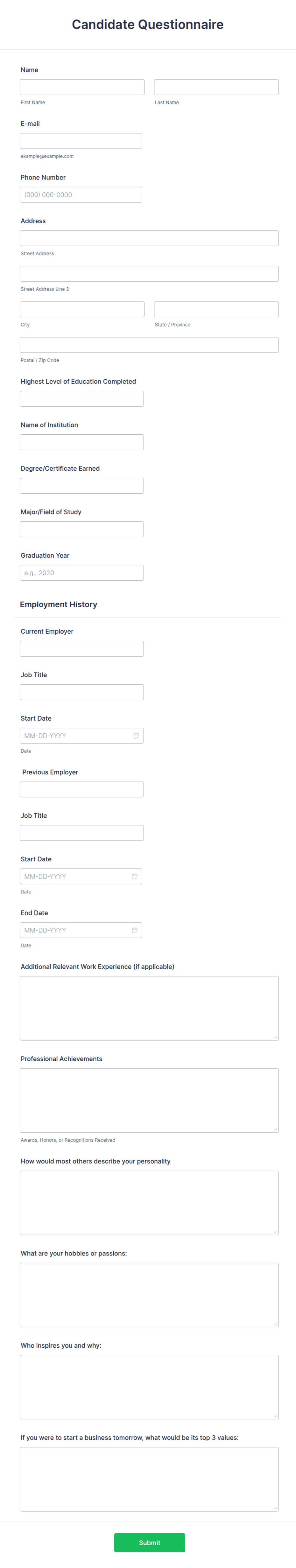 Candidate Questionnaire Form Template | Jotform