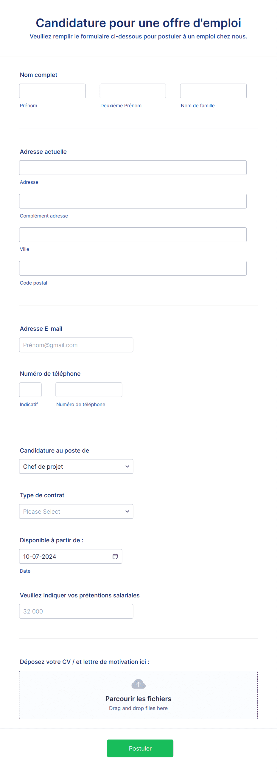 Candidature pour une offre d'emploi Modèle du formulaire | Jotform