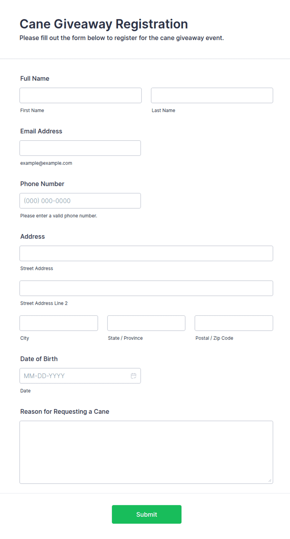 Cane Giveaway Registration Form Template | Jotform