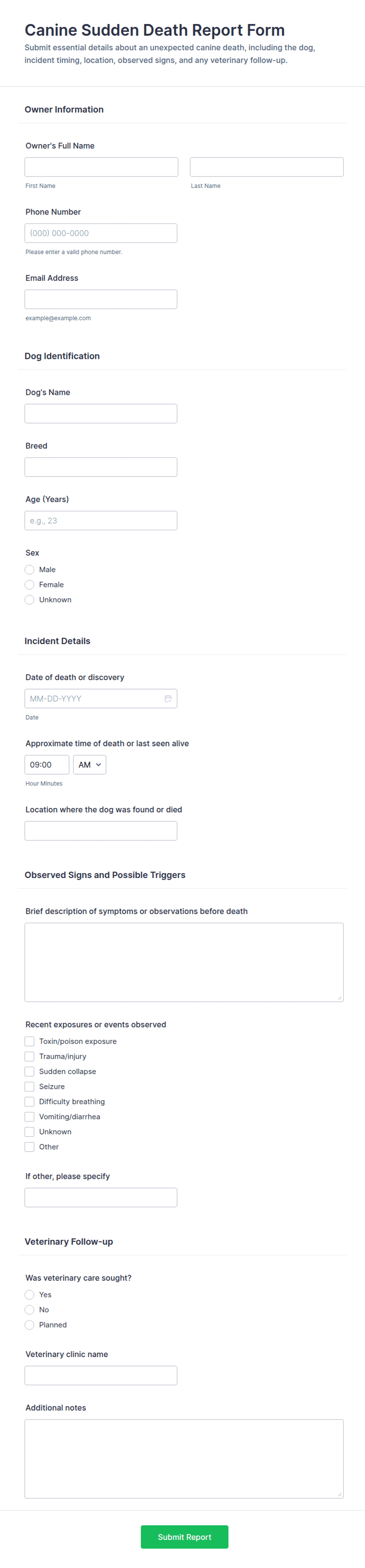 Canine Sudden Death Report Form Template | Jotform