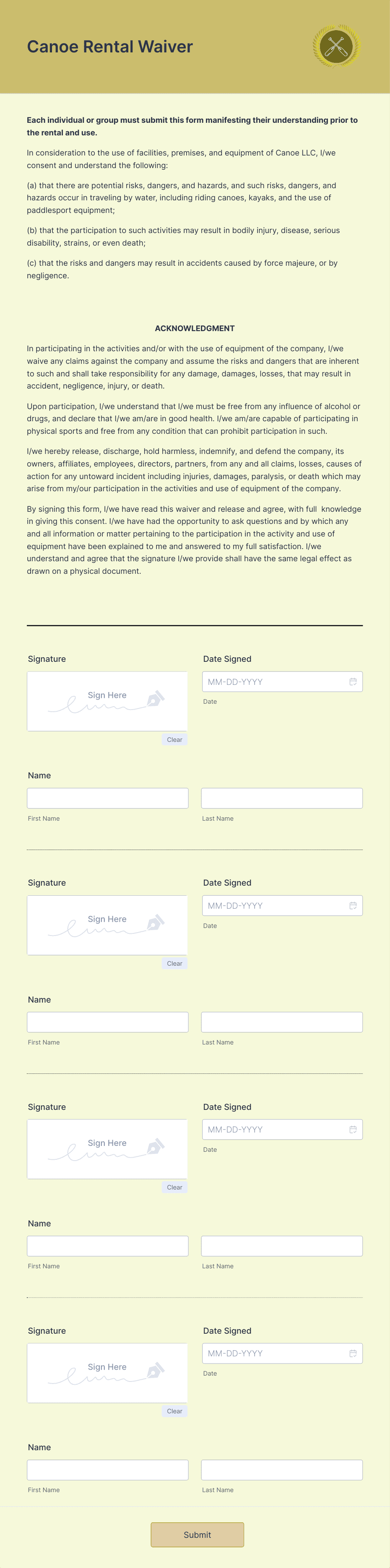 Canoe Rental Waiver Form Template | Jotform