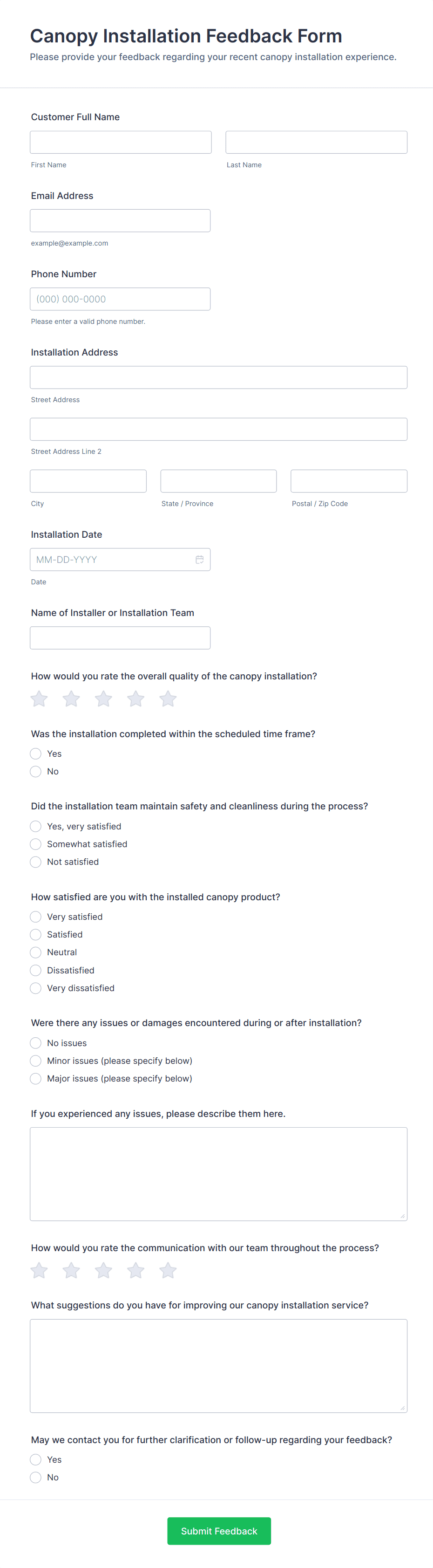 Canopy Installation Feedback Form Template | Jotform
