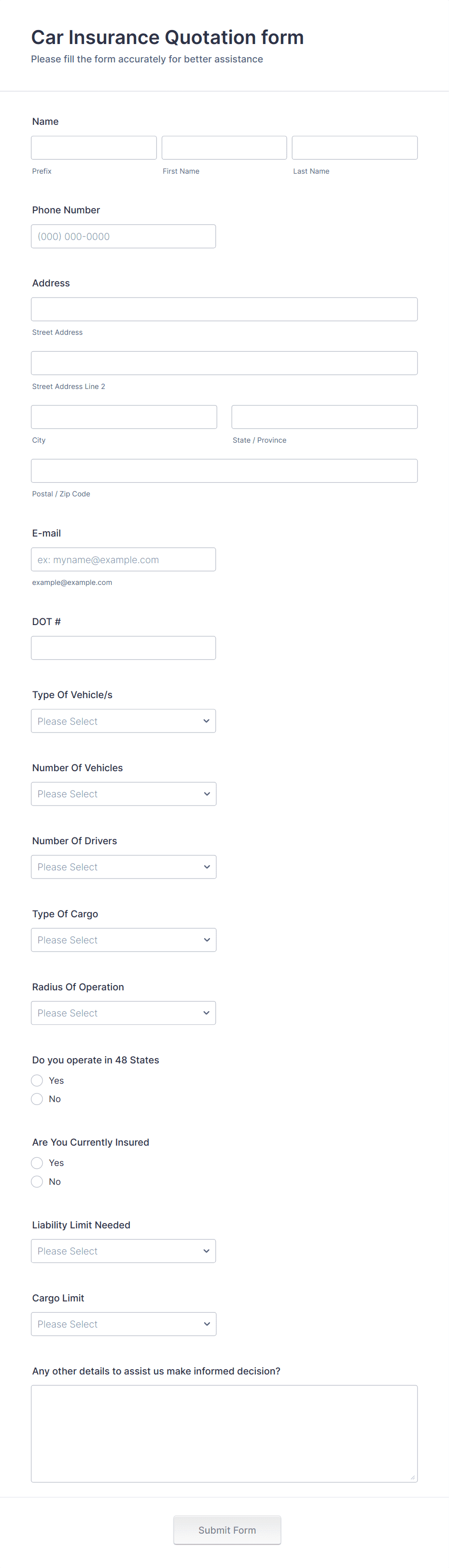 Car Insurance Quotation Form Template | Jotform