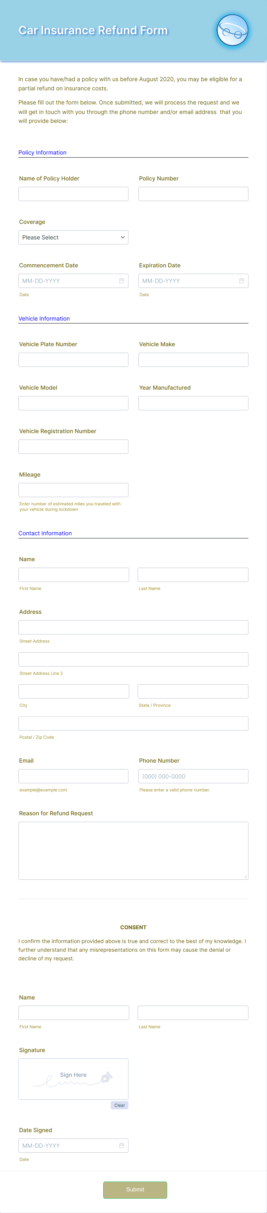 Car Insurance Refund Form Template | Jotform
