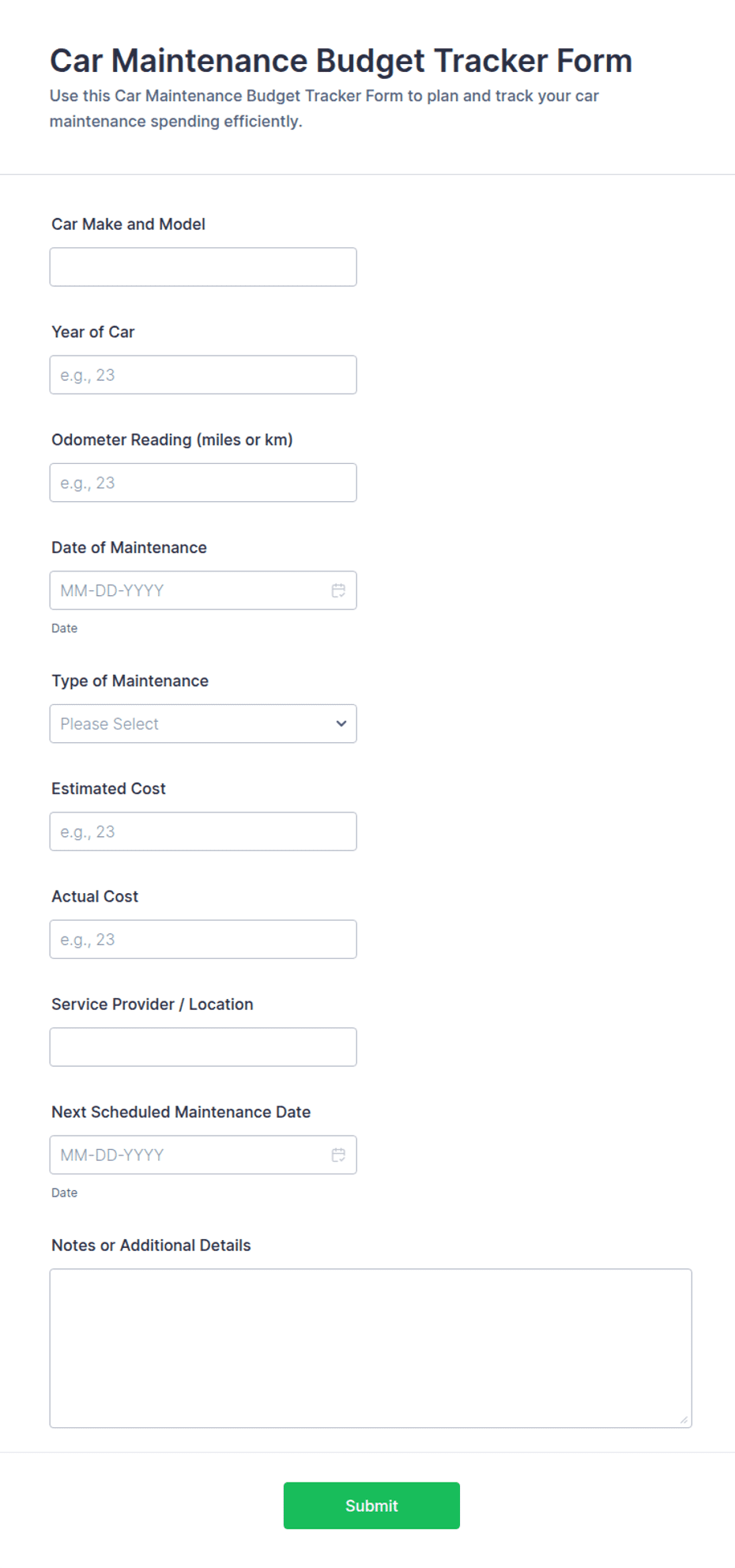 Car Maintenance Budget Tracker Form Template | Jotform