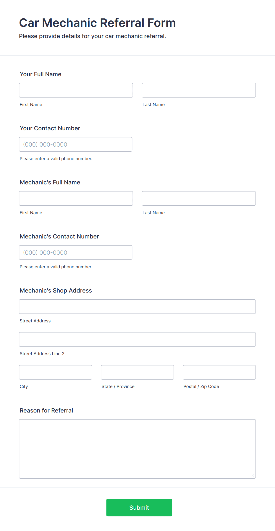 Car Mechanic Referral Form Template | Jotform