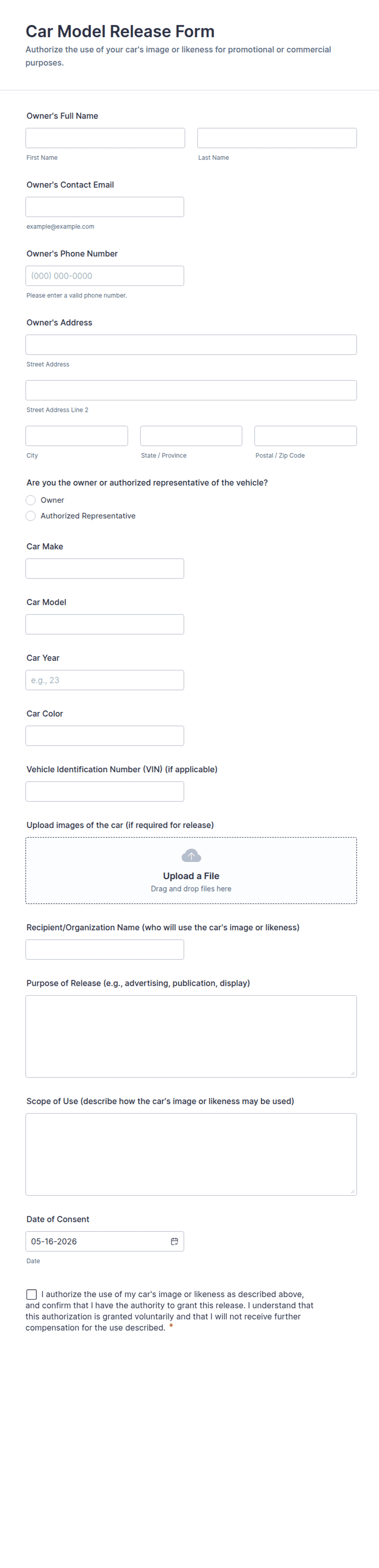 Car Model Release Form Template | Jotform