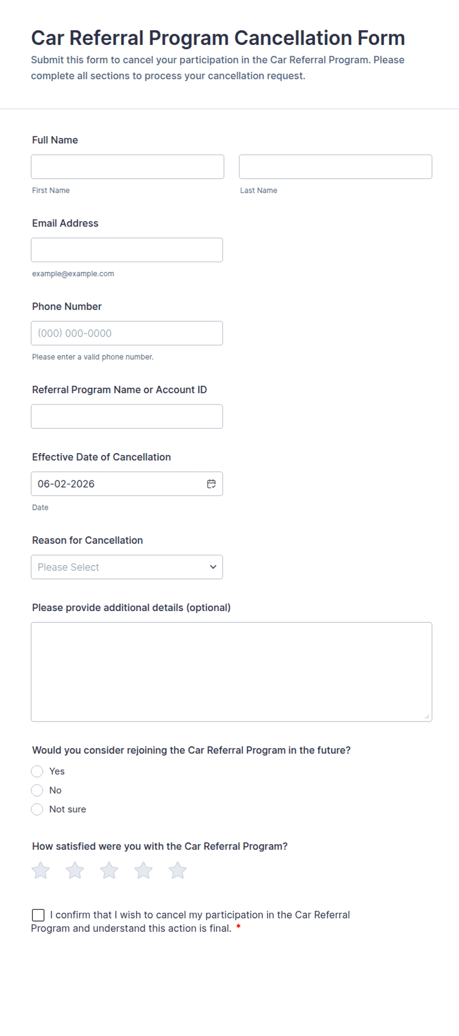 Car Referral Program Cancellation Form Template | Jotform