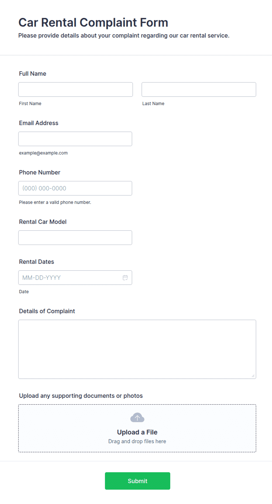 Car Rental Complaint Form Template | Jotform