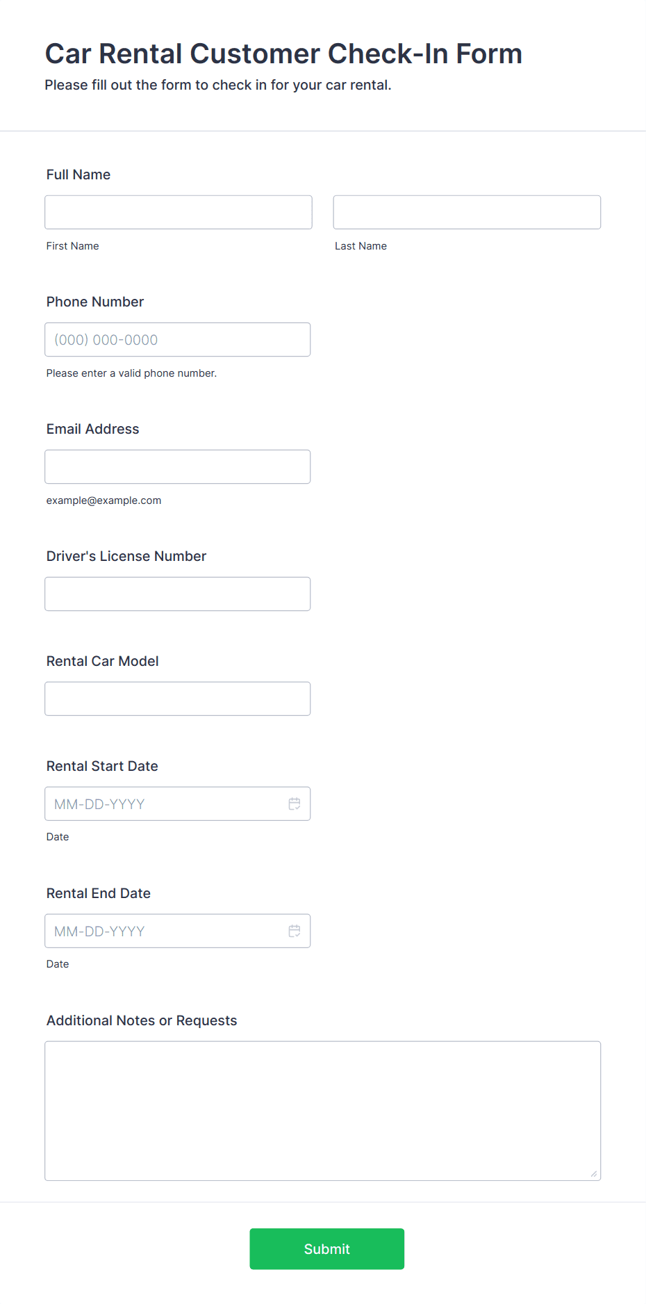 Car Rental Customer Check-In Form Template | Jotform