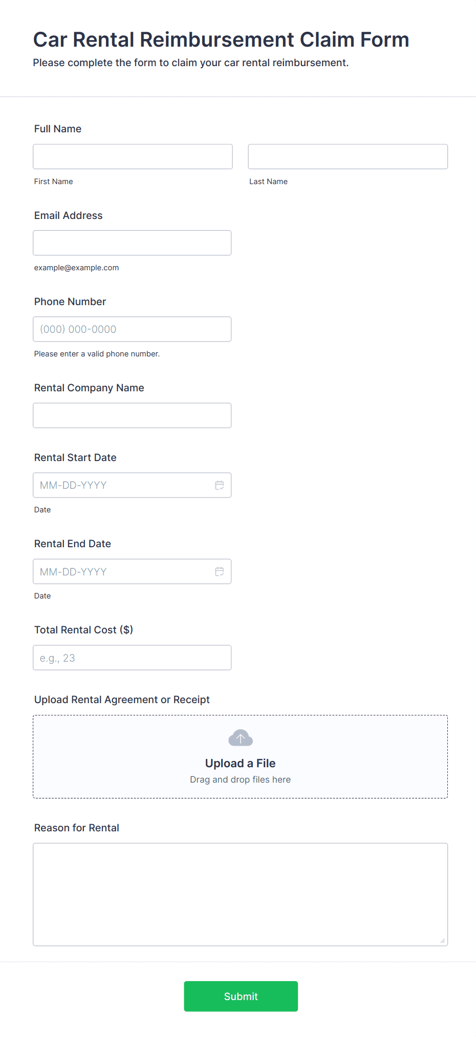 Car Rental Reimbursement Claim Form Template | Jotform
