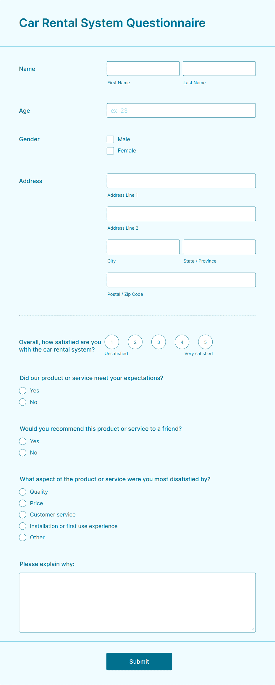 Car Rental System Questionnaire Form Template | Jotform