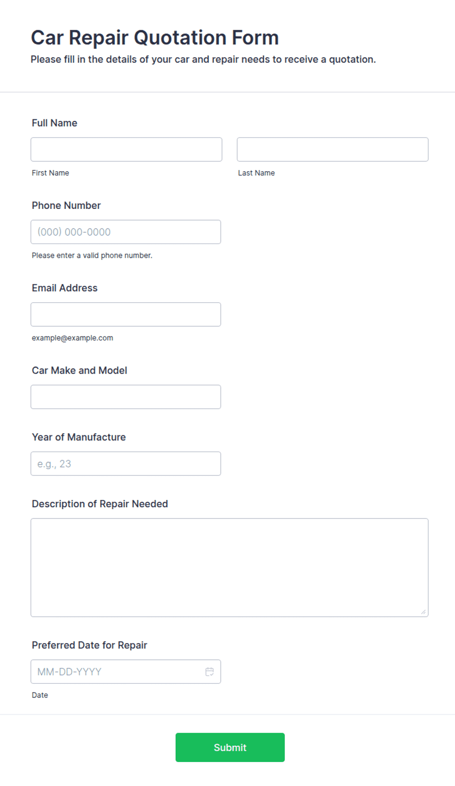 Car Repair Quotation Form Template | Jotform