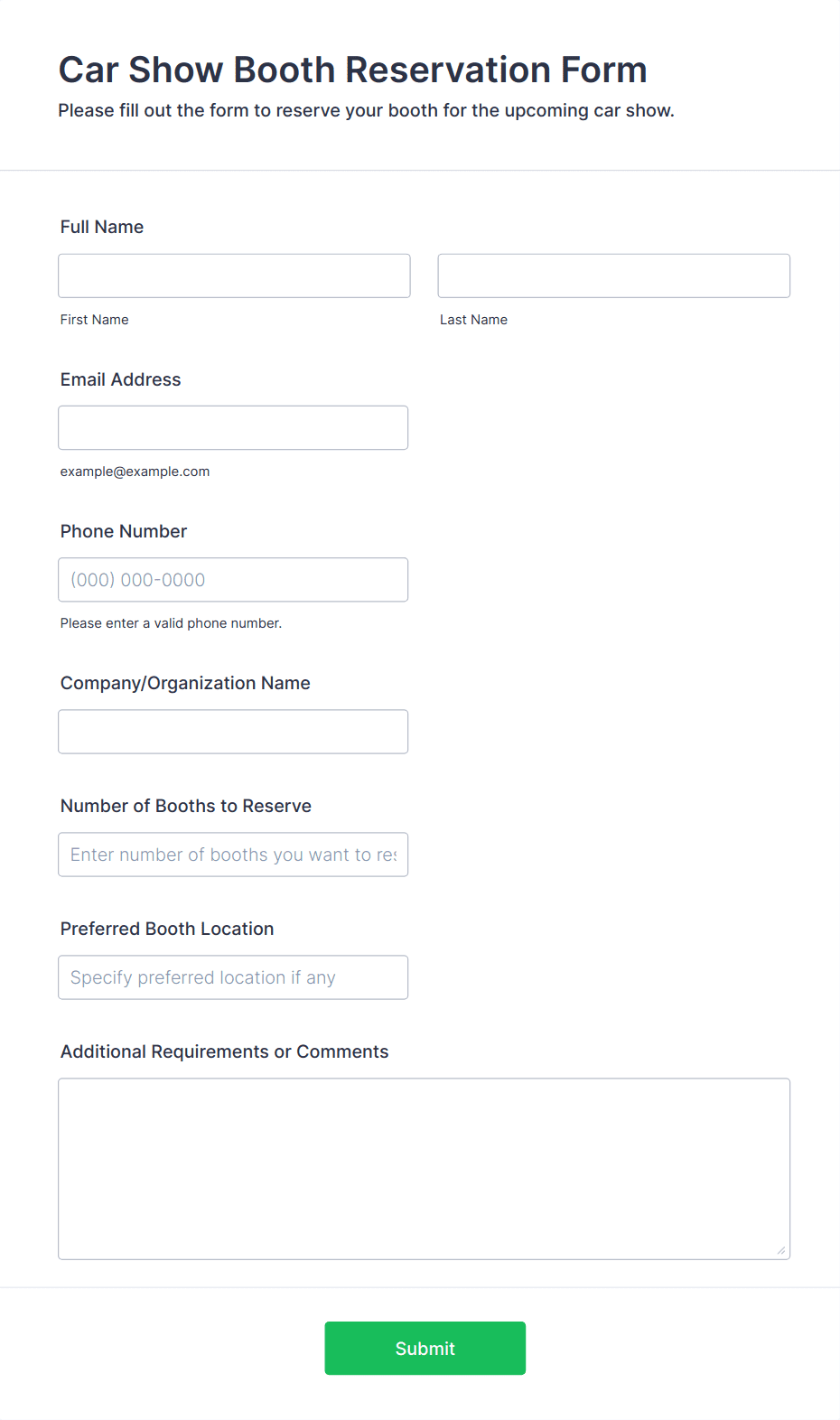 Car Show Booth Reservation Form Template | Jotform