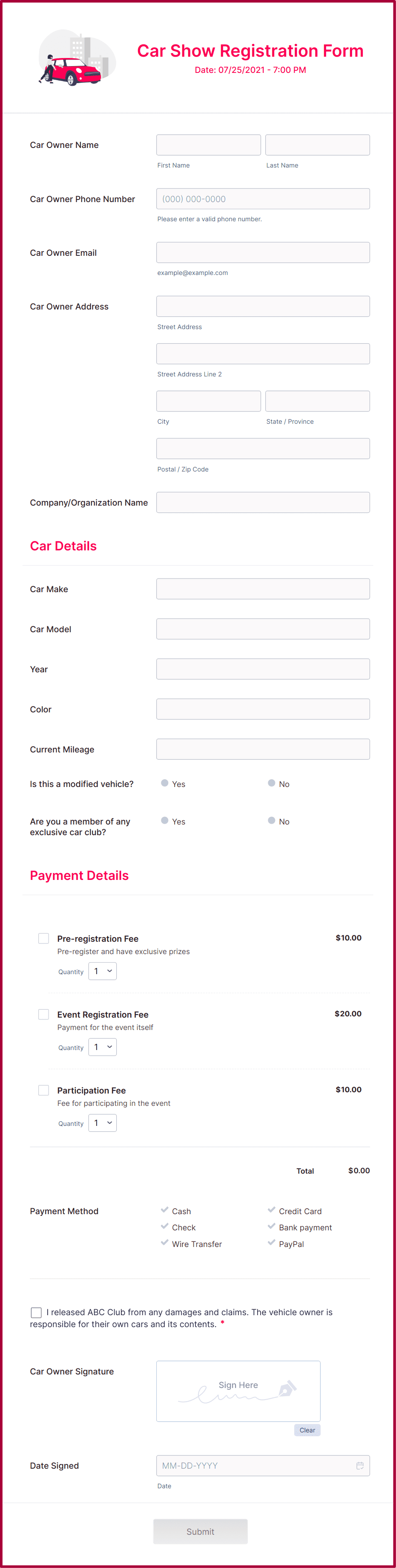 Car Show Registration Form Template | Jotform