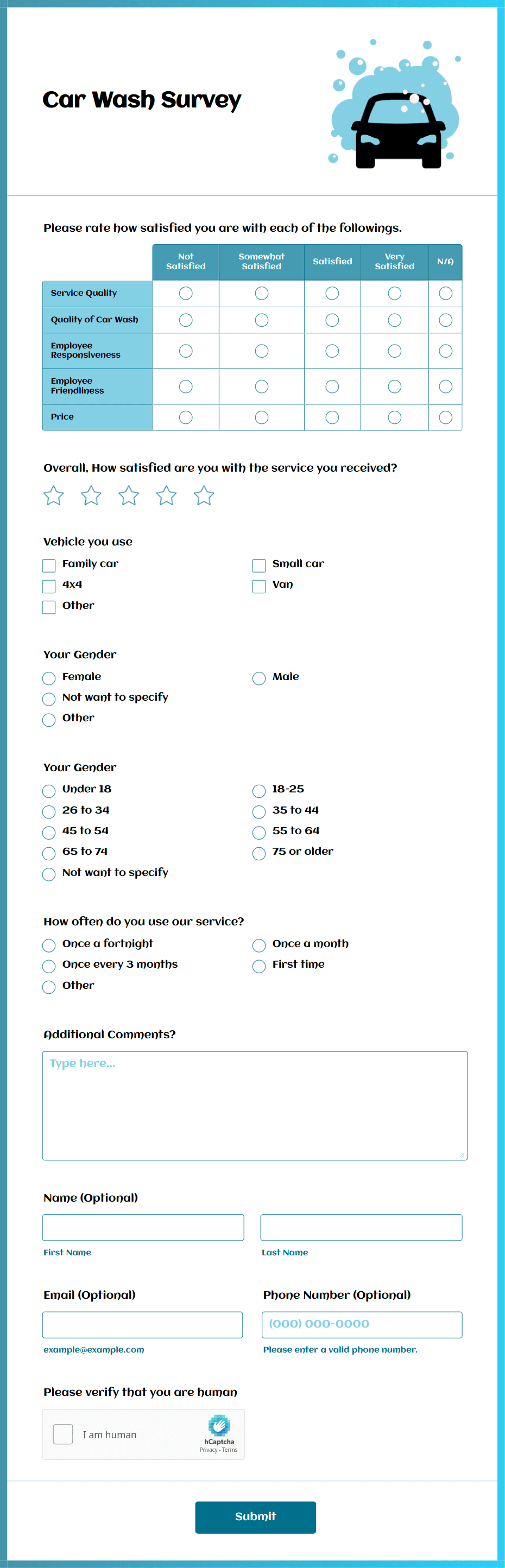Car Wash Survey Form Template | Jotform